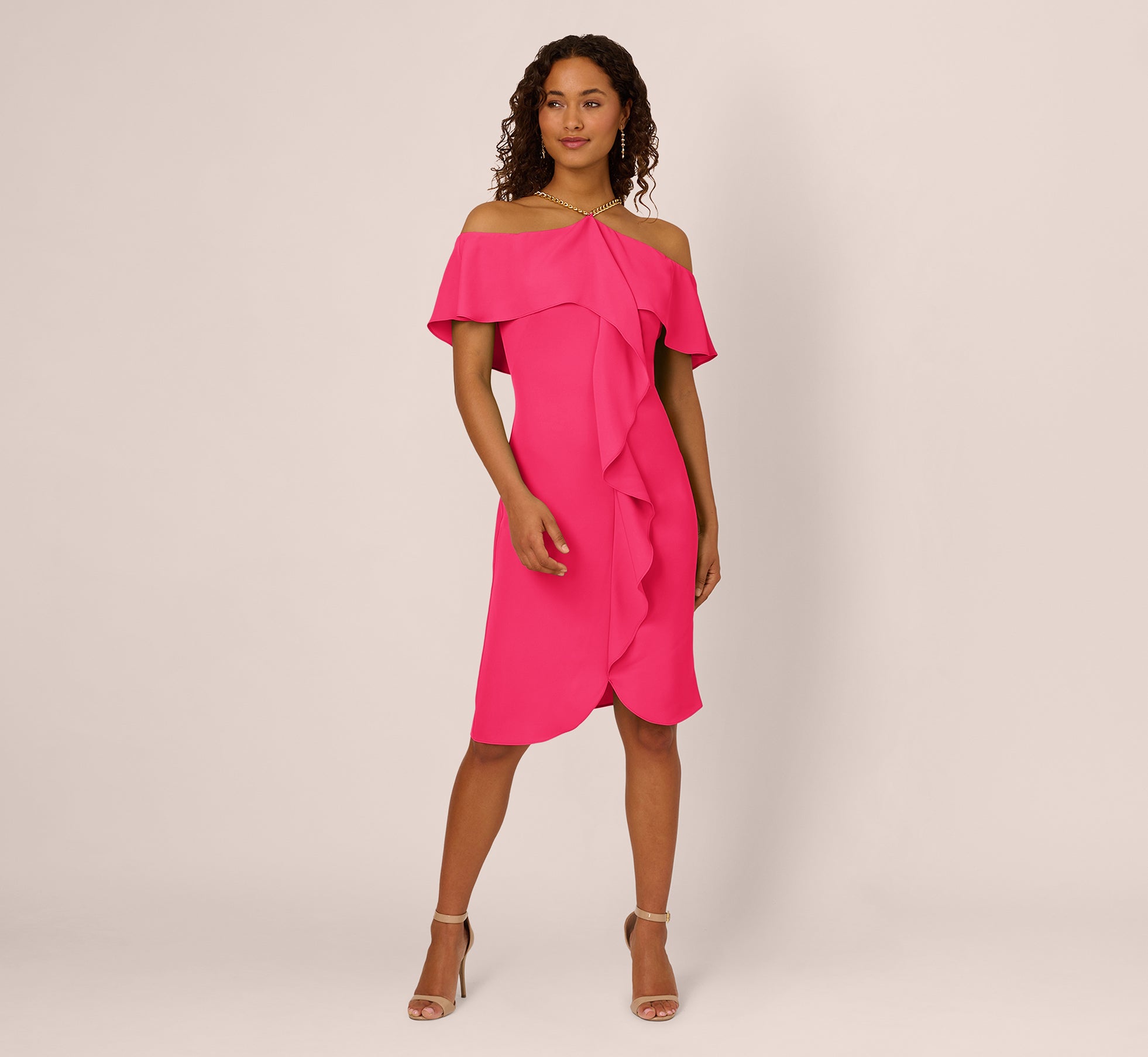 ADRIANNA PAPELL Ruffle Popover Midi Dress with Chain Halter Neckline